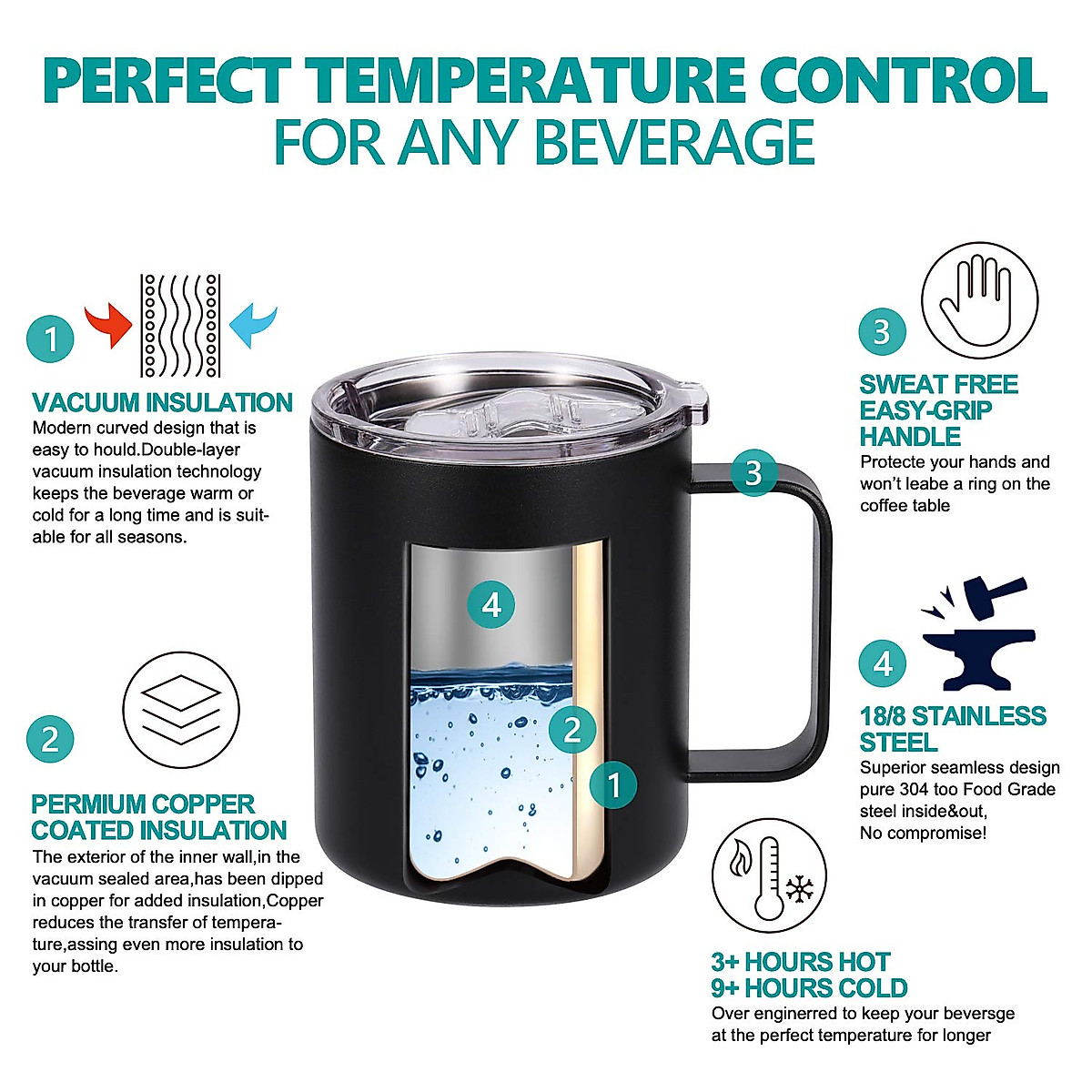 mininoo Stainless Steel Insulated Coffee Mug Cup with Handle,12OZ Double Wall Vacuum Travel Coffee Tumbler Mug with Lid Marble 2 Pack