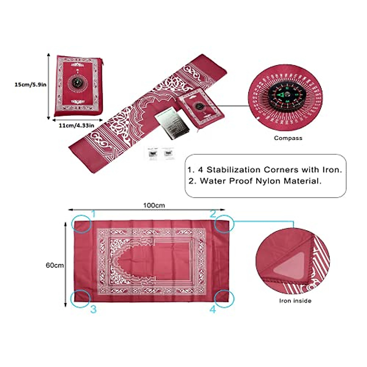 Anlising 2 Pieces Portable Travel Prayer Mat with Compass, Waterproof Polyester Prayer Rug, Muslim Travel Prayer Mat, for Ramadan Gifts (60cm×100cm)