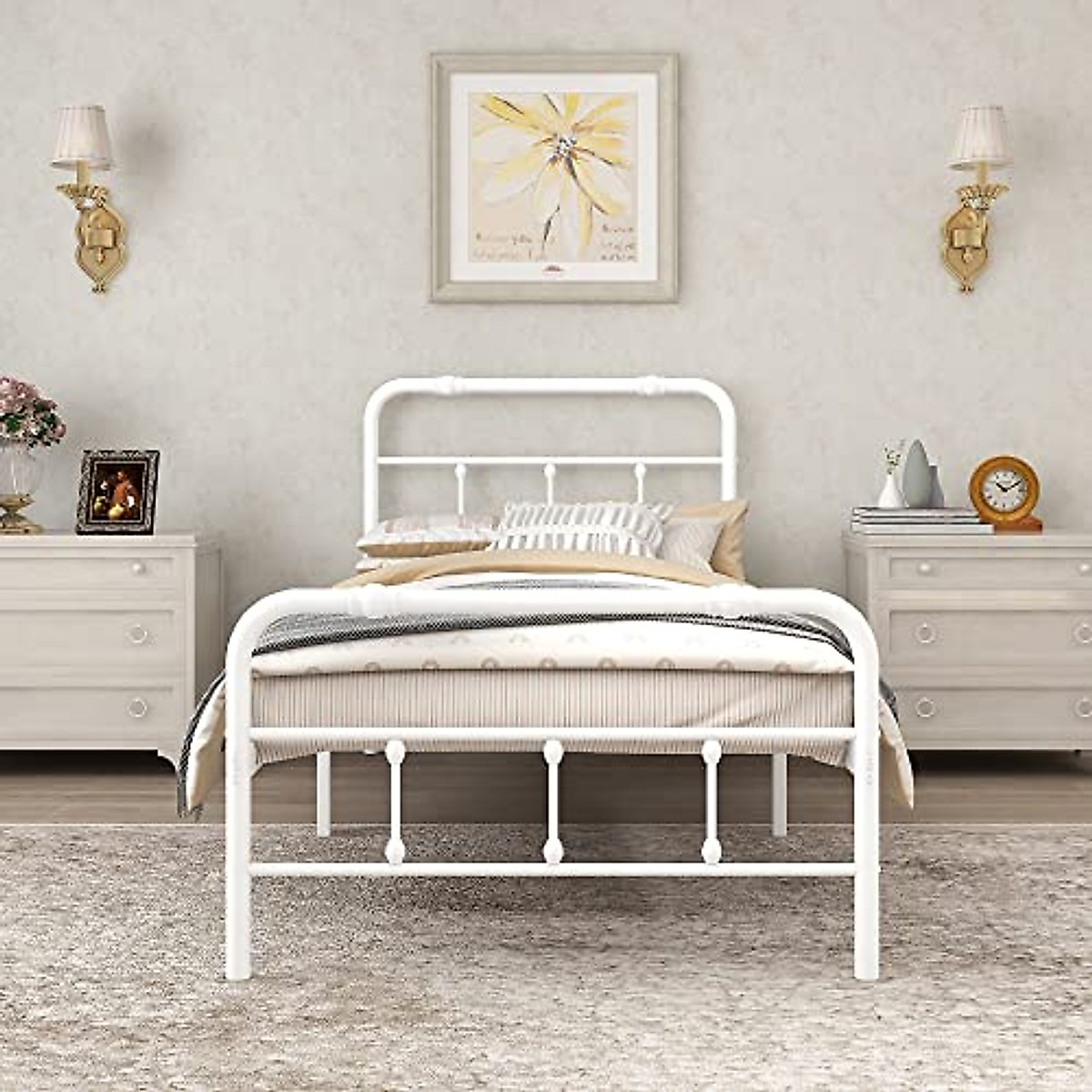 ZIRUWU Twin XL Metal Platform Bed Frame with Headboard Footboard Extra Strong Support No Box Spring Needed Noise Free Easy Assembly White