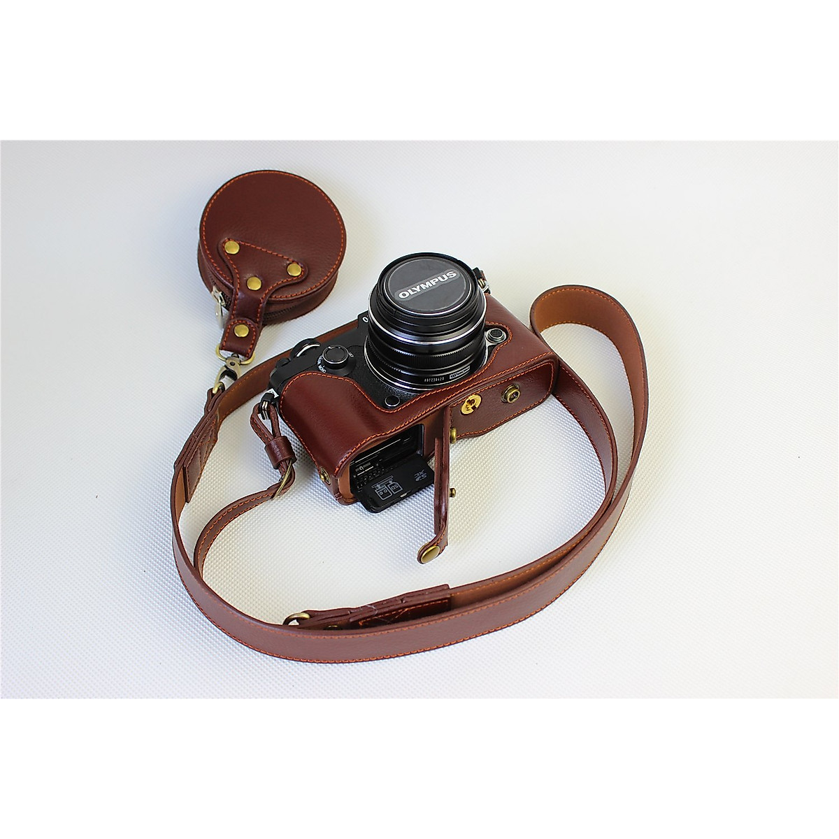Olympus Pen-F Case, BolinUS Handmade Genuine Real Leather Fullbody Camera Case Bag Cover for Olympus Pen-F Bottom Opening Version with Neck Strap - Brown