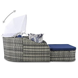 Bellemave Outdoor Patio Sunbed Daybed with Adjustable Canopy,PE Wicker Rattan Daybed Double Chaise Lounger with Cushions and Pillows for Garden, Backyard(Blue)