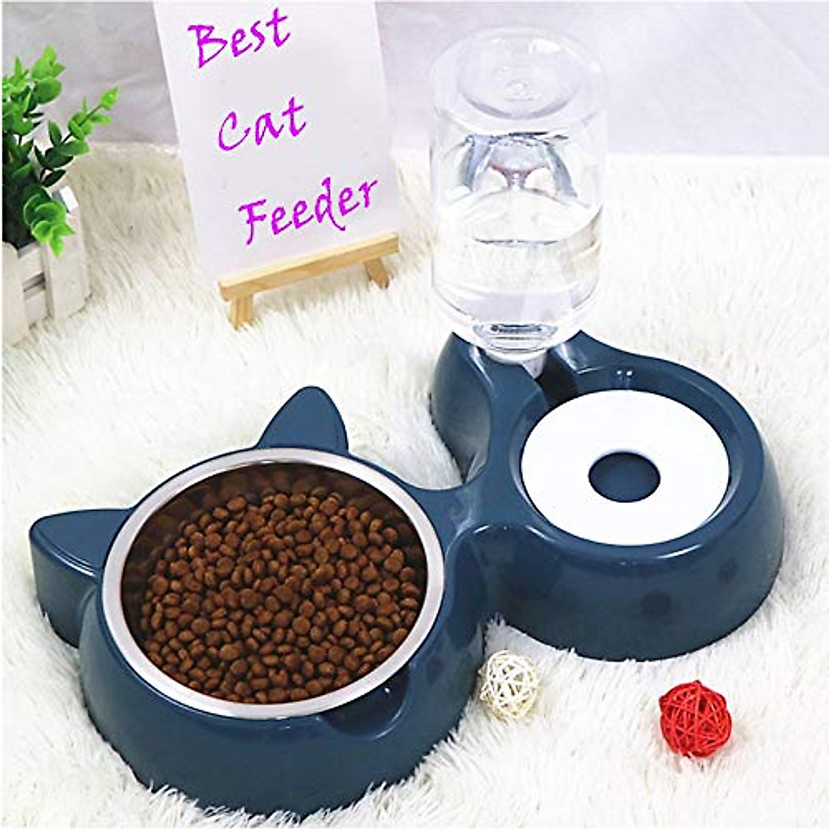Double Bowl Water and Food Cat Feeder - Stainless Steel Bowl and Automatic Water Dispenser Bottle for Cats and Dogs