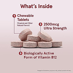 Jarrow Formulas Ultra Strength Methyl B-12 2500mcg, Dietary Supplement for Cellular Energy Production and Brain Health Support, 100 Tropical-Flavored Chewable Tablets, 100 Day Supply