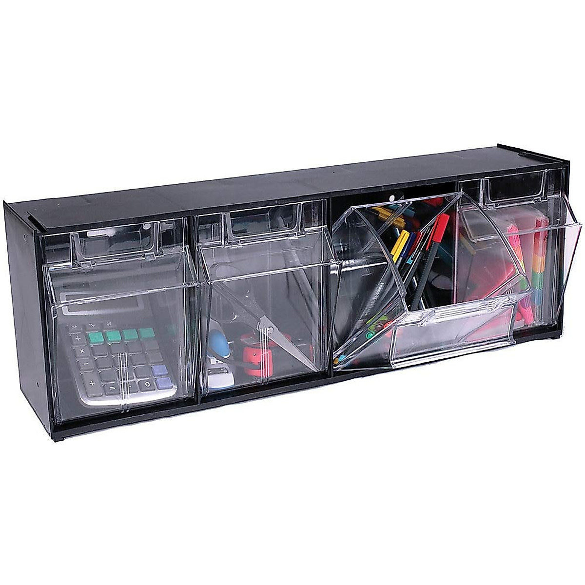 deflecto Tilt Bin Interlocking Multi-Bin Storage Organizer, 4 Sections, 23.63" X 6.63" X 8.13", Black/Clear