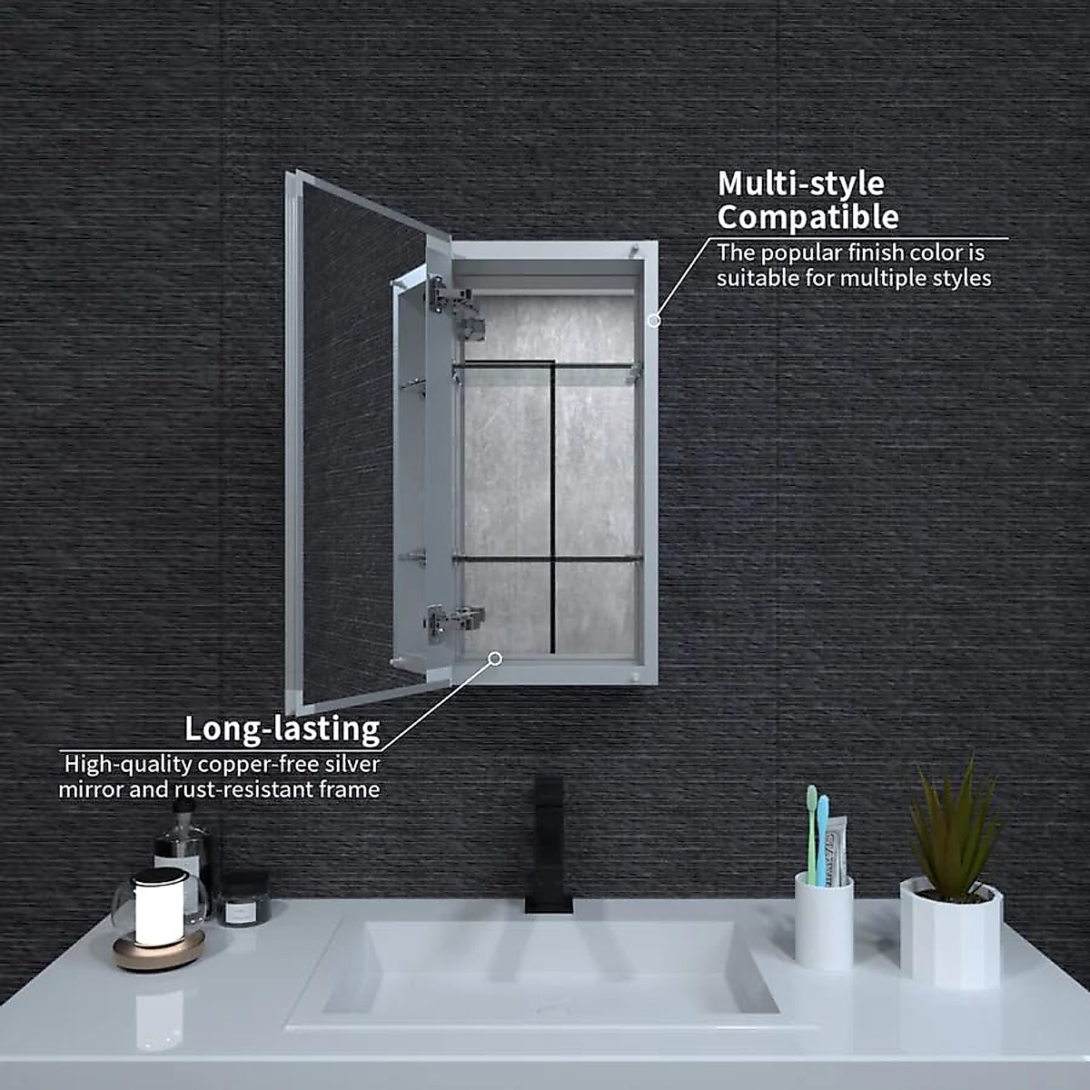 Liviza 12 in.W x 24 in.H Frameless Wall Recessed or Surface-Mount Bathroom Medicine Cabinet with Beveled Single Mirror, Built-in 3-Tier Glass Shelf, Copper-Free Silver Mirror, Silver Aluminum Frame