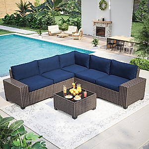 IDEALHOUSE 6 Pieces Blue Patio Sectional Furniture Set, Wicker Conversation Sets Patio Furniture, Brown Patio Sofa with 5 Navy Blue Seat Cushions and 1 Glass Coffee Table