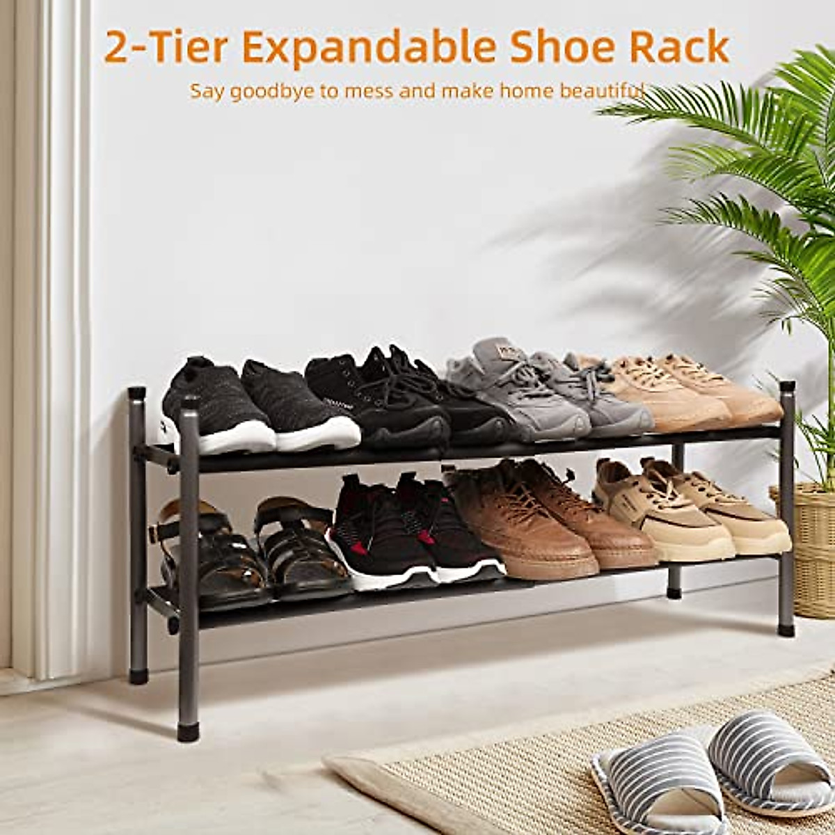MULISOFT 2-Tier Expandable Shoe Rack, Stackable and Adjustable Shoe Shelf Storage Organizer Heavy Duty Metal Free Standing Shoe Rack for Closet Entryway Bedroom Garage (Black),1 Pack