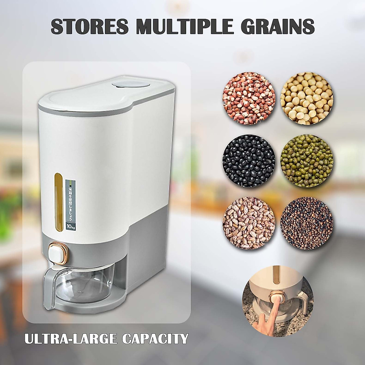 Darvii 23 Lbs Rice Dispenser - Grain Storage Container with Automatic Dispenser, Rectangular, Gray, 16.5 x 6.7 inches