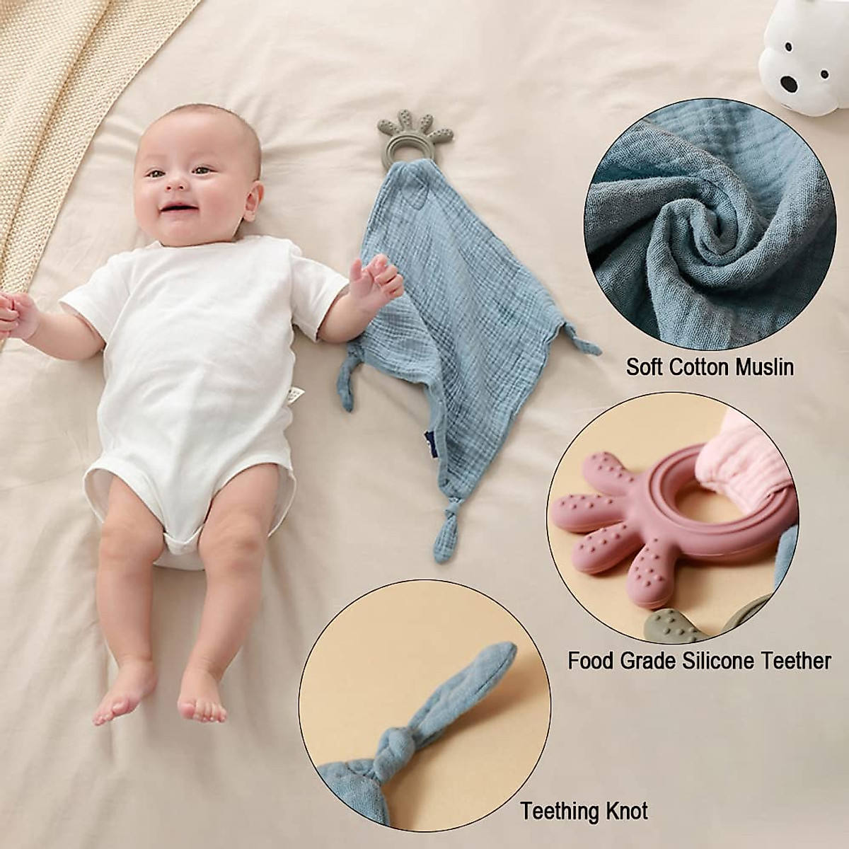 Baby Muslin Security Blanket with Food Grade Silionce Teether,Soothe Teething Toy for Boys and Girls,100% Polyester (Pink)