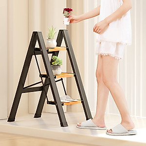 3 Step Ladder Aluminum Lightweight Folding Step Stool for Adults with Anti-Slip Sturdy and Wide Pedal, with 330 Lbs Capacity Multi-Use for Household and Kitchen Portable Stepladder, Black-Wood