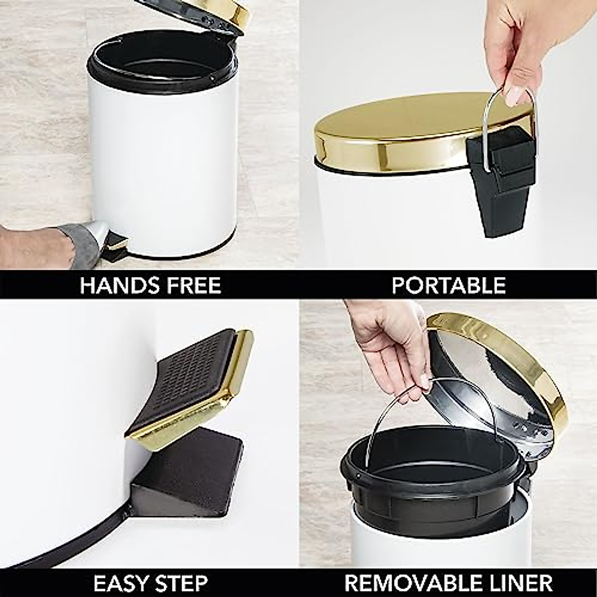 mDesign Pedal Bin — Metal Waste Bin with Pedal, Lid and Plastic Bucket Insert — Perfect for Bathroom, Kitchen, and Office — Household Rubbish Bin with Ergonomic Design — White/Gold