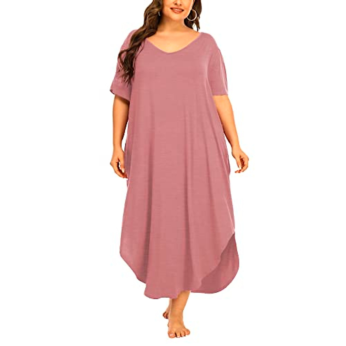 Womens Plus Size Nightgowns Sleepwear Short Sleeve Sleep Dress Maxi Night Gowns with Pockets 4X Pink