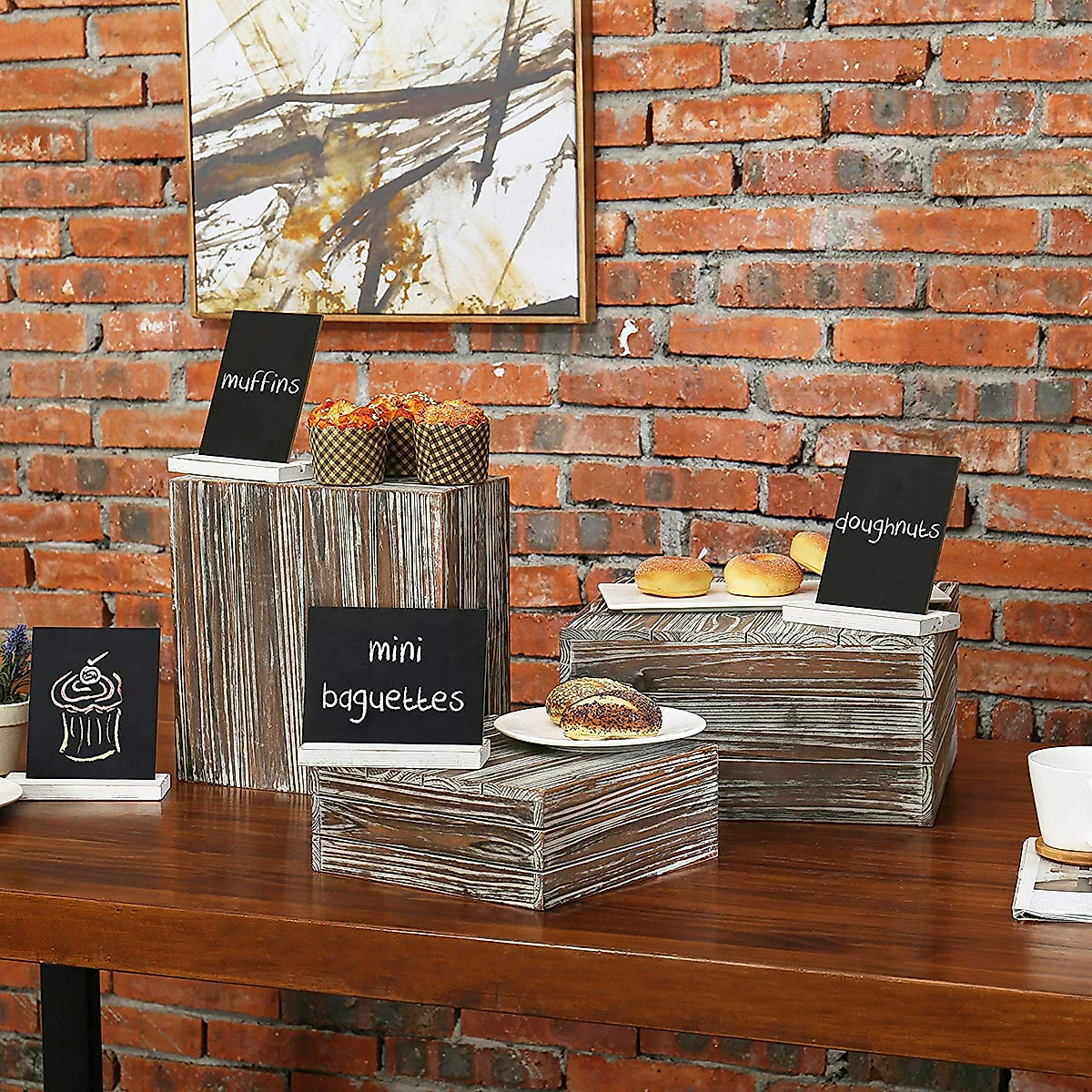 MyGift 3 Piece Rustic Solid Torched Wood Dessert Cake and Cupcake Stand, Decorative Box Display Risers