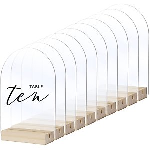 JINMURY Clear Arch Acrylic Sign with Wood Stand-10 Pack 5x7 Inch Blank Arched Acrylic Sheets with Wood Base, DIY Acrylic Arch Sign Blank for Wedding Table Numbers Menu Signs Bar List Sign