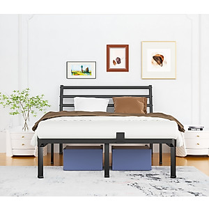 ROIL Full Size Metal Bed Frame with Headboard, 14inch Black Heavy Duty Platform with Steel Slats Support and Mattress Stoppers, 3500LBS No Box Spring Needed, Easy Assembly Noise-Free