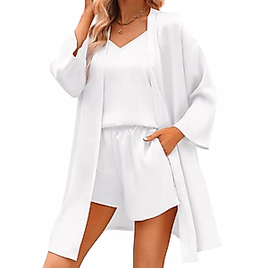 Aokosor White Silk Pajamas for Women Long Sleeve Oversized Sexy V Neck Pj Set Casual Solid 3XL