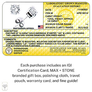 MAX + STONE IGI Certified 1/2 Carat Lab Grown Diamond Stud Earrings in 14k Real White Gold with 4-Prong Setting