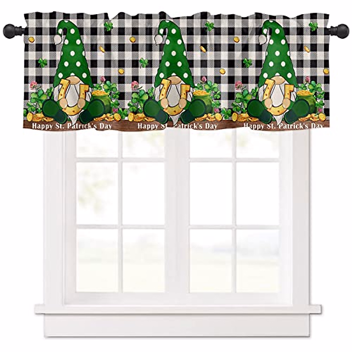 Valances for Windows St. Patrick's Day Clover Gold Coin Gnomes Black White Buffalo Plaid Kitchen Valances for Windows Rod Pocket Window Valance Curtains,Semi Sheer Valance for Kitchen 54" x18"