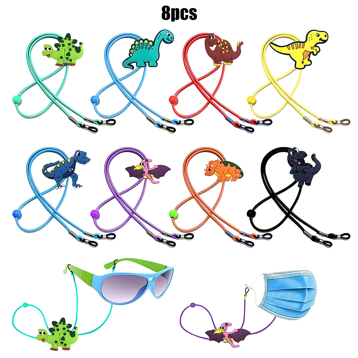ZXSWEET 8 PCS Kids Glasses Strap Adjustable Dinosaur Anti-slip Eyeglass Straps for Boys Girls Multicolor