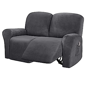 PrinceDeco 6-Pieces Recliner Loveseat Covers Velvet Stretch Recliner Couch Covers Sofa Covers for 2 Seat Dual Reclining Loveseat Couch 2 seat Love seat Recliner Cover, Thick, Soft, Washable, Grey
