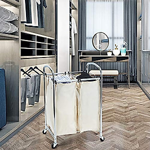 Seville Classics Laundry Hamper Sorter Cart Mobile Premium 2-Bag Compact, Canvas