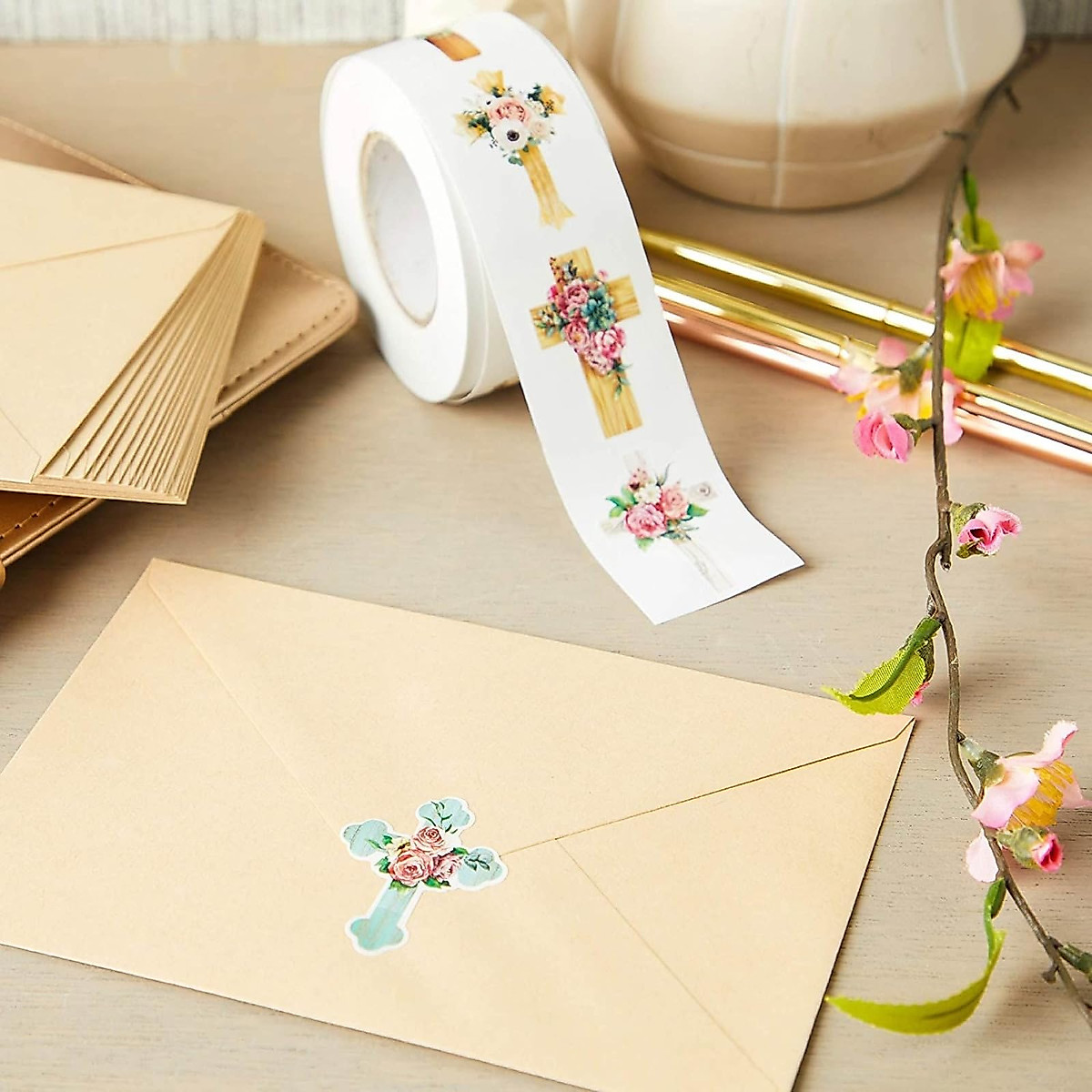 Faithful Finds 500 Piece Floral Cross Stickers, Christian Cross Stickers for Scrapbooking, Religious Stickers Roll with 8 Floral Design, Mini Catholic Cross Stickers for Crafts and Cards, 1 x 1.5 Inch