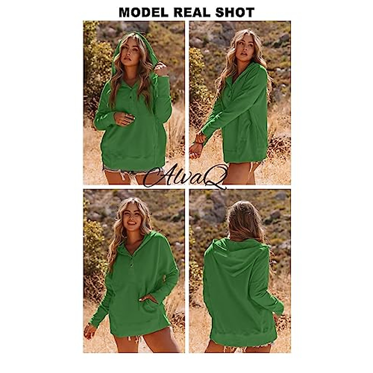 AlvaQ Women Casual Henley Hoodie Pullover Oversize V Neck Long Sleeve Button Down Sweatshirt with Pocket Plus Size Green, XX-Large