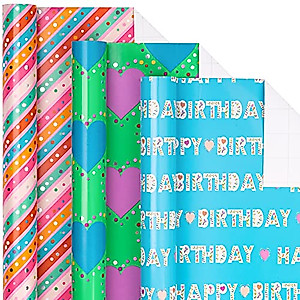 LeZakaa Birthday Wrapping Paper Roll - Mini Roll - Happy Birthday Lettering/Heart/Stripe Design for Boy, Kids Gift Wrapping - 17 x 120 inches, 3 Rolls (42.5 sq.ft.ttl.)