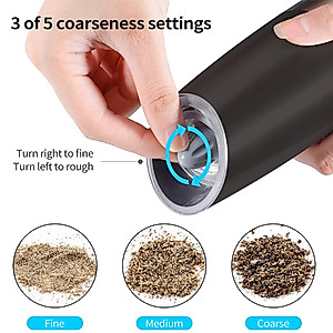 Electric Gravity Salt and Pepper Grinder set of 2, Automatic Salt and Pepper Mill Grinder, Adjustable Roughness, Battery Powered, Blue LED Light, Stainless Steel with One Hand Operation (Black)