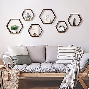 Hexagon Floating Shelves Set of 6 Farmhouse Honeycomb Wall Storage Shelf Wood Display Hexagonal Shelves Wall Mounted Hanging Rustic Shelf Racks for Bedroom Living Room Hallway Office Decor, Brown