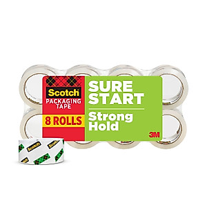 Scotch Sure Start Shipping Packaging Tape, 1.88" x 54.6 yd, Designed for Packing, Shipping and Mailing, No Splitting or Tearing, 3" Core, Clear, 8 Rolls (3450-8)