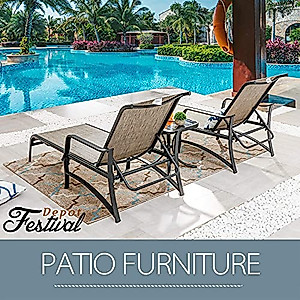 Festival Depot 3Pcs Outdoor Lounge Chair Set of 2 Patio Chaises with Adjustable Backrest in 4 Reclining Levels and Bistro Table Metal Furniture for Poolside, Gray