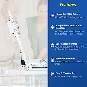 Twin Adjustable Bed Frame with Head and Foot Incline, No Legs, Electric Bed Frame with Wired Controller- Place it on Your existing Bed - Adjustable Bed for Seniors, Elderly & Handicap, Homecare Bed
