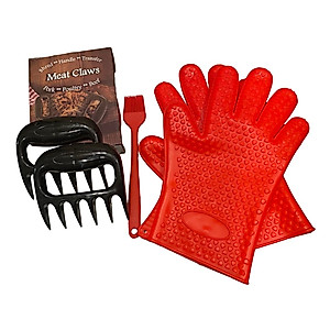 FGS Red Silicon BBQ Gloves/Mitts with Extreme Heat Resistance + Meat Shredder Claws + Silicone Basting Brush