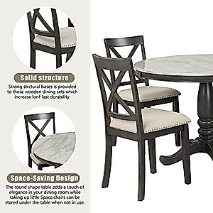 5 Piece Round Dining Table Set for 4, Marble Veneer Kitchen Table Set with Round Table and 4 Button Padded Chairs