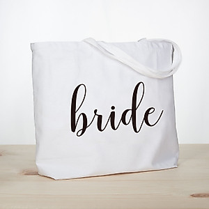 ELEGANTPARK Bride Jumbo Tote Bag Wedding Bridal Shower Gifts Canvas 100% Cotton Interior Pocket White with Black Script