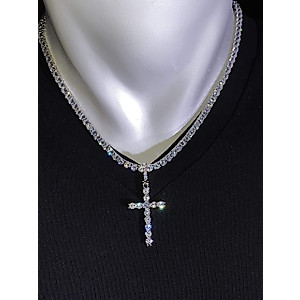 Mens 14k Rhodium Finish 4mm Tennis Link Chain Choker Iced Out Jesus Crucifix Cross Pendant Rappers Necklace Iced Prong Set Tennis Chain for Men, tennis ladies Chain Choker Jesus Necklace (18)