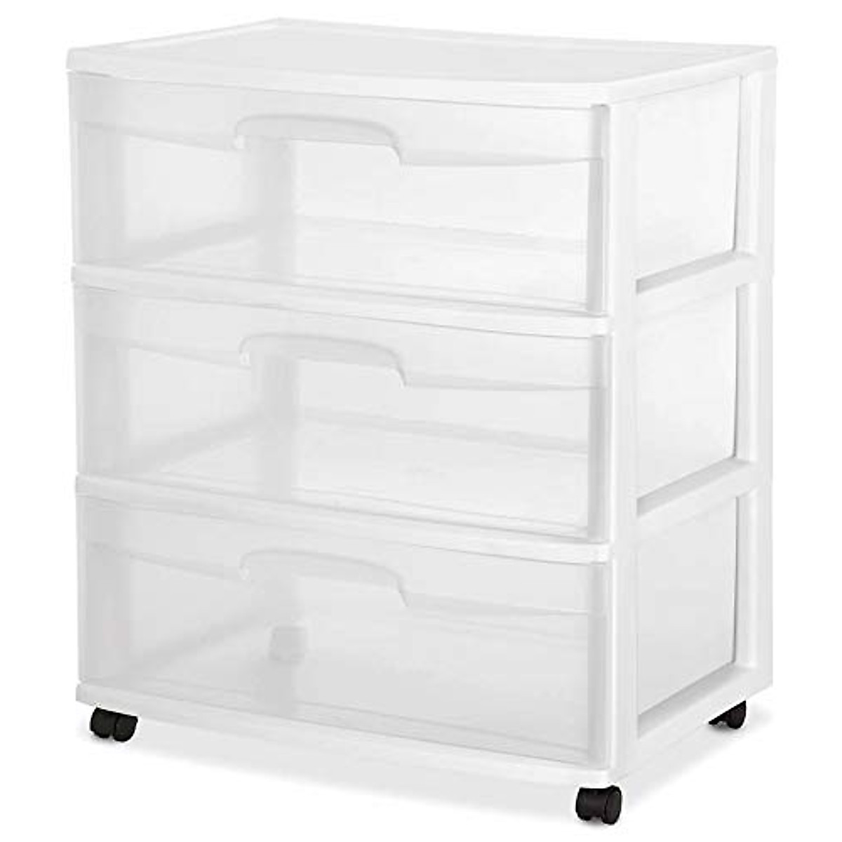Sterilite At Home Plastic 3 Drawer Wide Storage Cart Container with Removeable Casters for Bathroom, Bedroom, and Dorm Organization (3 Pack)