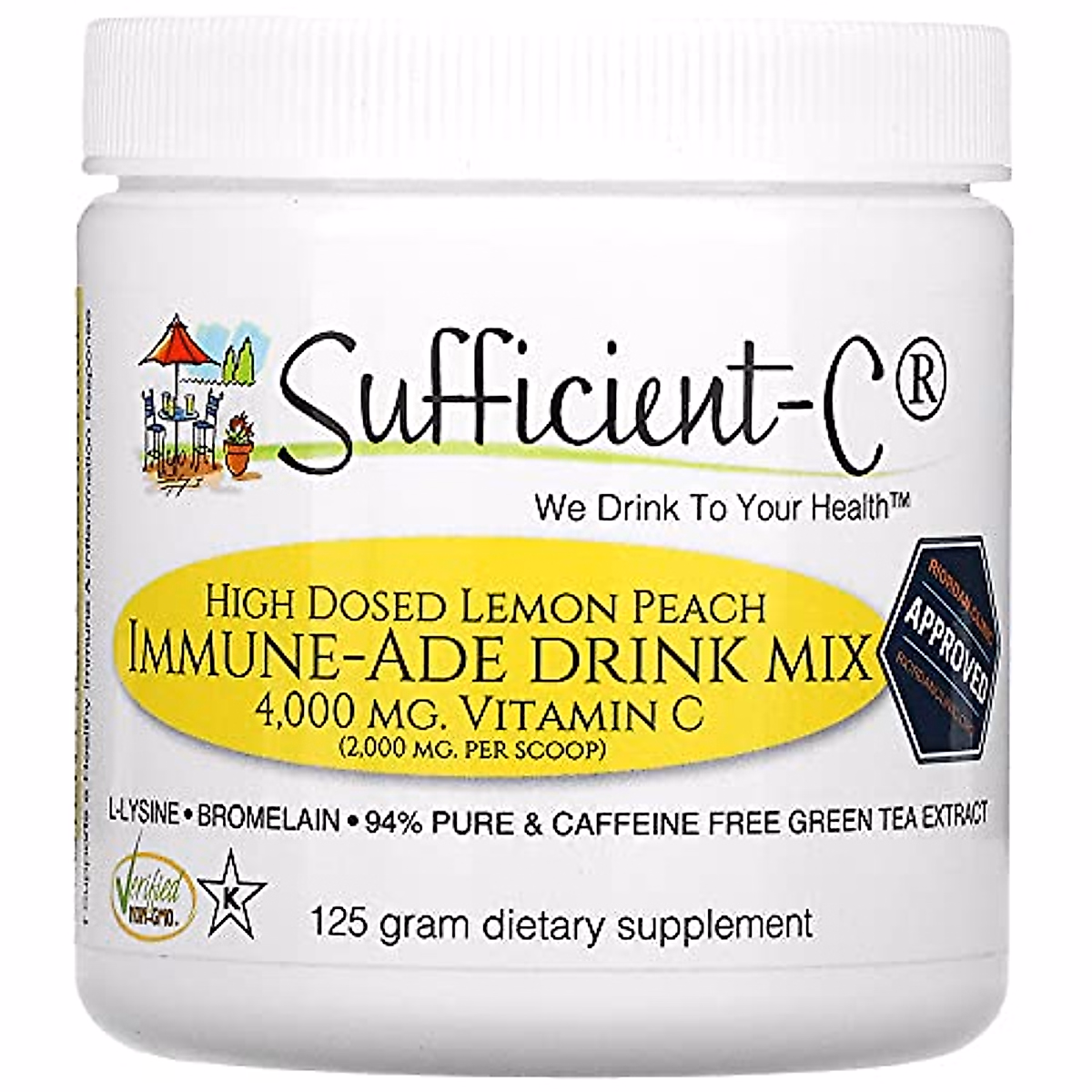Sufficient-C High Dose Non-GMO Vitamin C Lemon Peach Immune-Ade Drink Mix, Convenient 125 Grams - with L-lysine, Bromelain and a Premium 96% Pure Green Tea Extract - immune, thyroid and collagen support for healthy skin - UTI, acne, cold and canker sore,