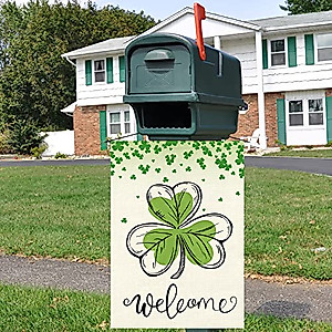 Heyfibro Welcome St. Patrick's Day Garden Flag Vertical Double Sided Green Shamrock Garden Flag St Patrick's Day Irish Small Mini Burlap 12x18 Inch Flags for Outside Decoration(ONLY FLAG)