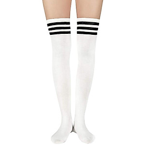 Century Star Women's Casual Athlete Striped Over Knee Thin Thigh High Tights Long Stocking Socks C 1 Pair White Black One Size
