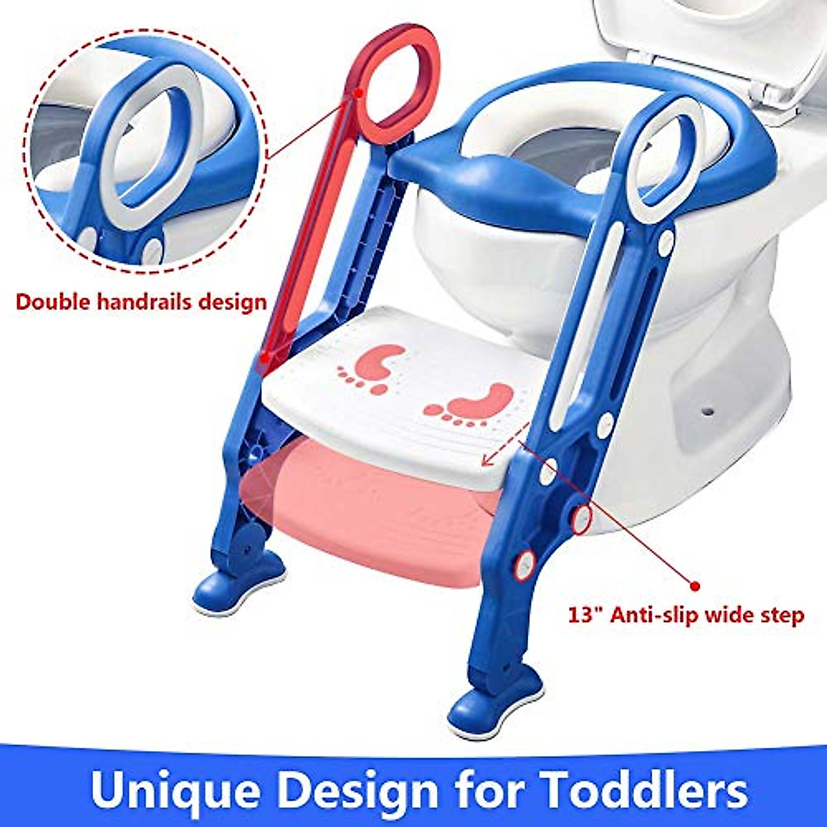 Potty Training Toilet Seat with Step Stool Ladder for Kids Children Baby Toddler Toilet Training Seat Chair with Soft Cushion Sturdy and Non-Slip Wide Steps for Girls and Boys (Blue White)