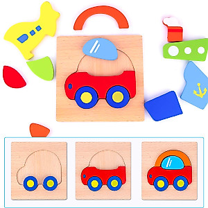 SKYFIELD Wooden Vehicle Puzzles for Toddlers 1 2 3 Years Old, Boys &Girls Educational Toys Gift with 4 Vehicle Patterns, Bright Vibrant Color Shapes, Customize Gift Box Ready(Vehicle)