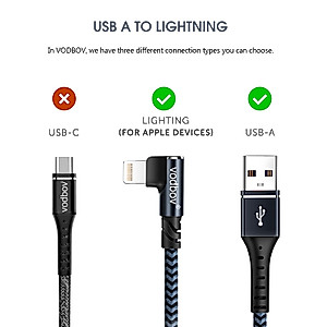 VODBOV iPhone Charger Lightning Cord 3Pack 1FT 3FT 6FT Right Angle MFi Certified Cable Braided USB Charging Wire High Speed Black
