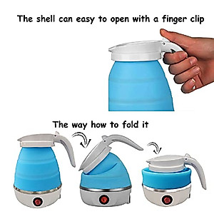Foldable Portable Electric Kettle with Food Grade Silicone, 9 Mins Fast Water Boiling Tea Pot Coffee Pot for Camping or Travel, Collapsible Kettle with Separable Power Cord 110V US Plug 600ML Blue