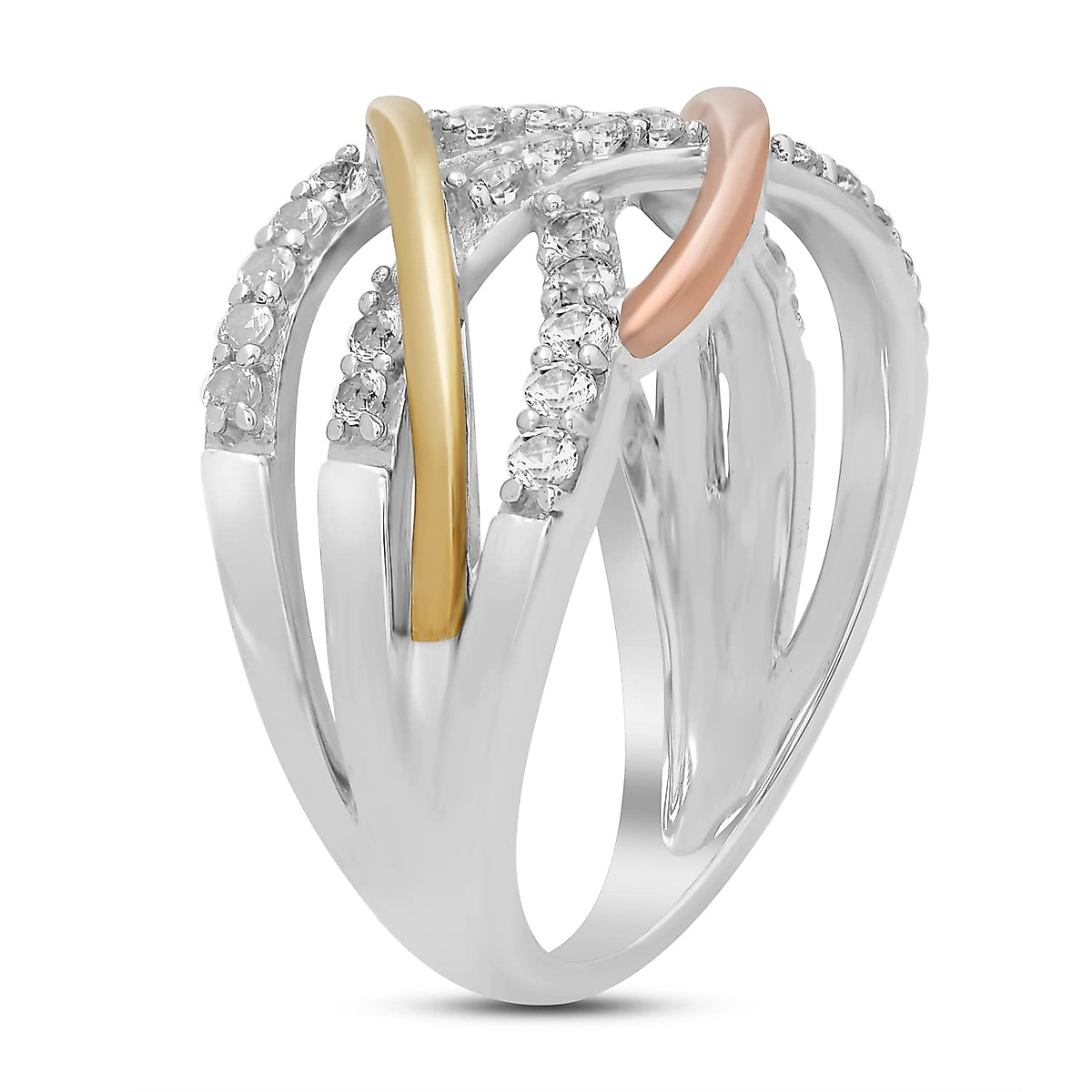 Jewelili Sterling Silver with 10K Rose and Yellow Gold 1.5MM and 1.7MM Round Created White Sapphire Engagement Ring, Size 7