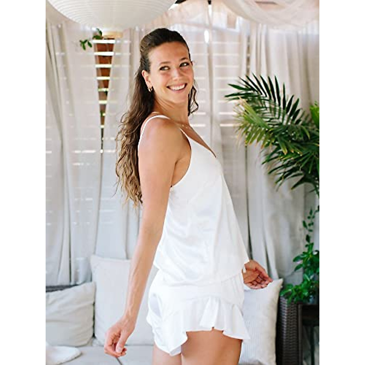 Belle's Design Women's Sexy Plain Satin Silk Cami Shorts set 2 Piece Pajama Bridal Lingerie Sleepwear (White, Large)