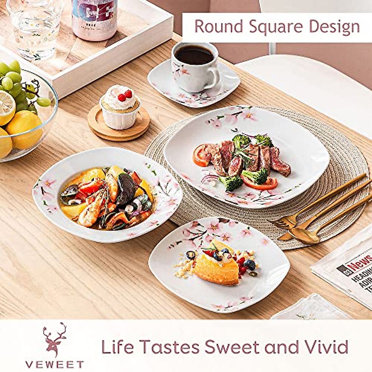 VEWEET, Series Annie, 30-Piece Porcelain Dinnerware Set with Pink Floral Pattern, White Plates and Bowls Sets including Dinner Plates, Dessert Plates, Soup Plates Set, Cups & Saucers, Dishes Set for 6