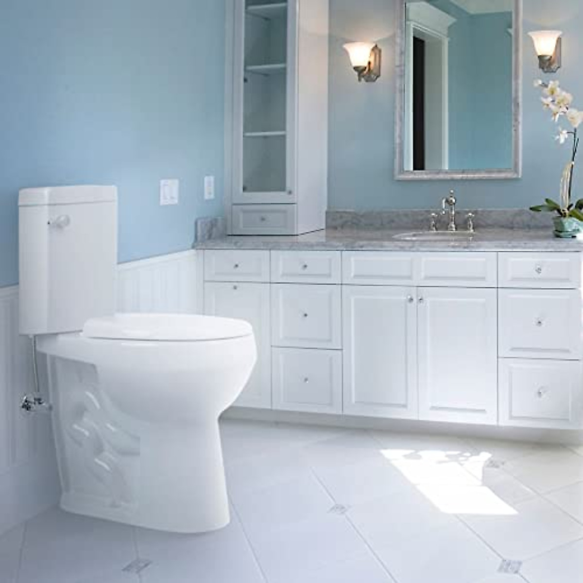 20 inch Extra Tall Toilet. Convenient Height bowl taller than ADA Comfort Height. Dual flush, Metal handle, Slow-close seat