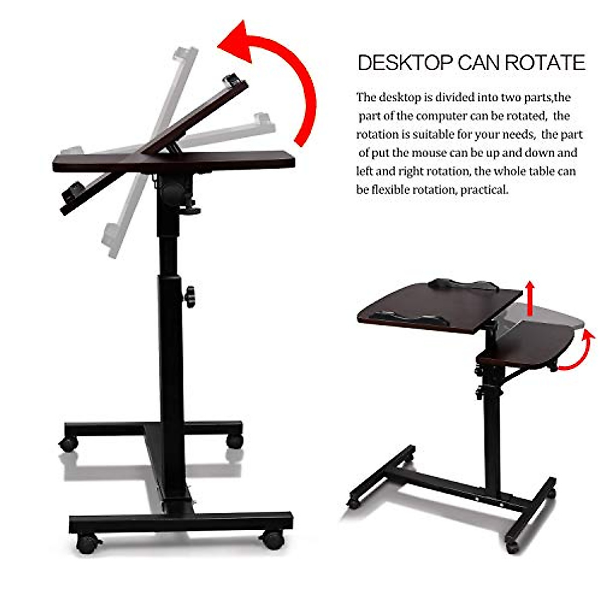 Study Writing Table,Home Desktop Computer Desk Home Office Desk Side Table Adjustable Wooden Laptop Desk Turnlift Sit-Stand Mobile Laptop Desk Notebook Tables Cart with Side Table (Black Desk)